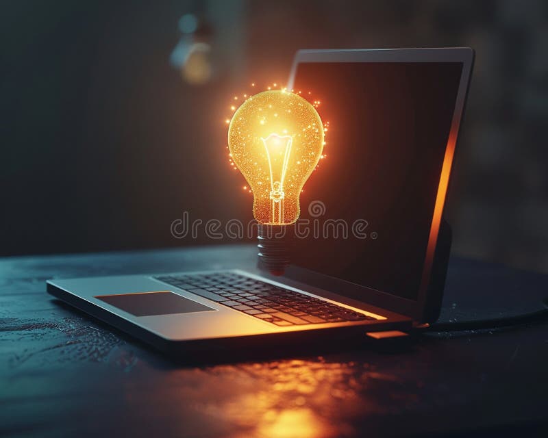 Bright Idea Emerges from a Laptop Screen, Side View, Soft Glow , Super ...