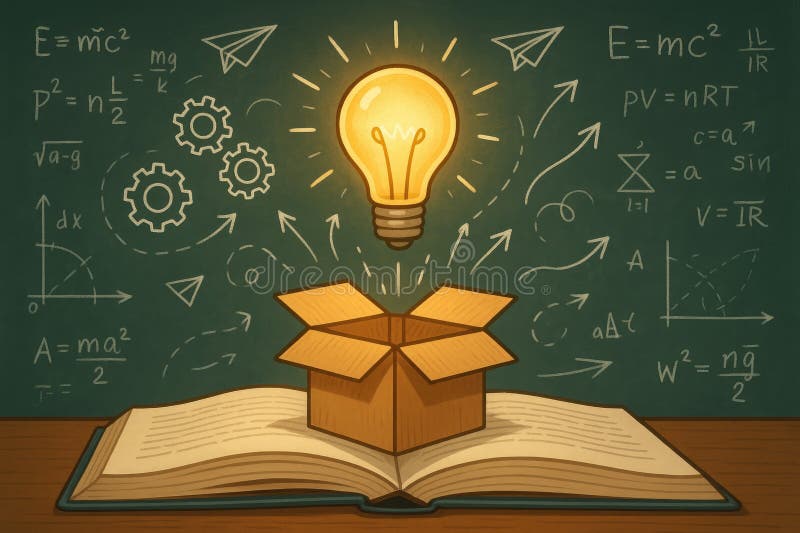 Bright Idea Emerging from Open Book with Equations Stock Illustration ...