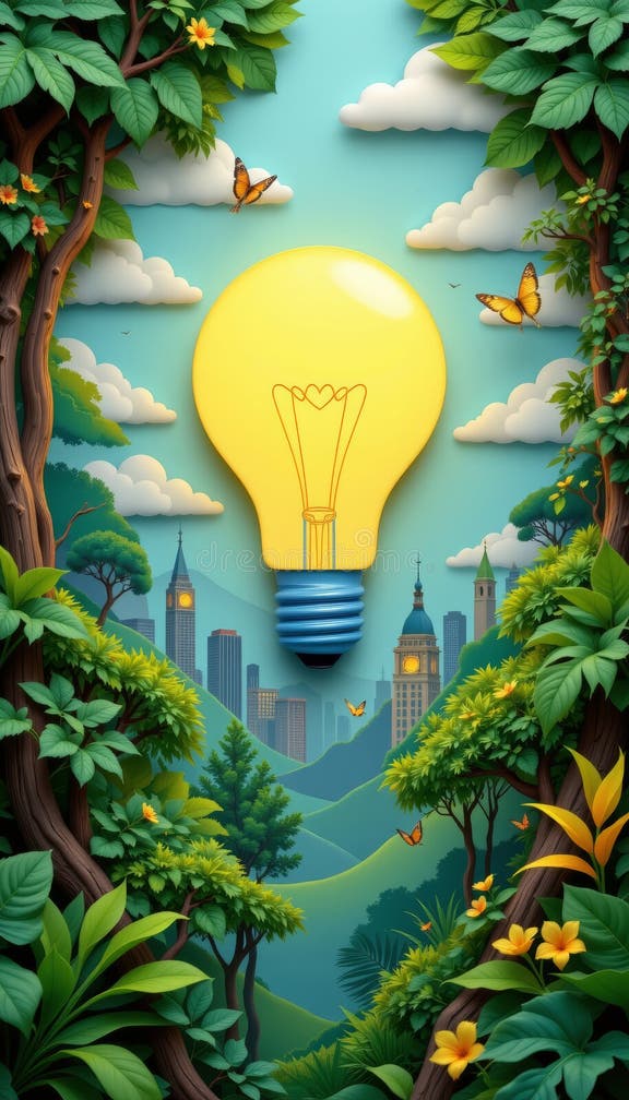 Bright Idea Visualized through Light Bulb Surrounded by Lush Greenery ...