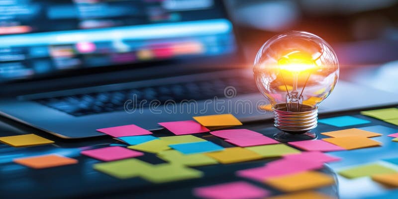 Bright Ideas Glowing Light Bulb Sticky Notes Brainstorming Stock Photos ...