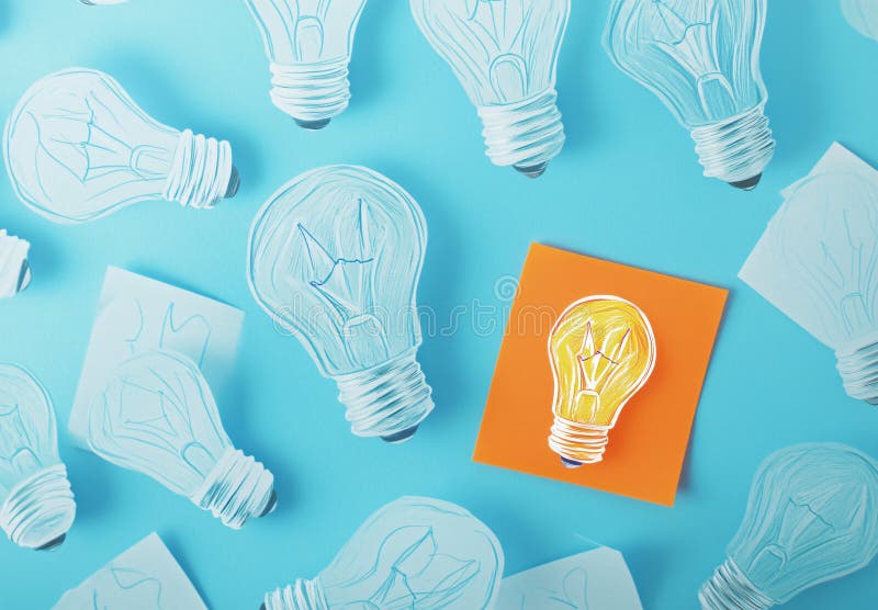 Bright Ideas: Lightbulb Notes on Blue Background Stock Illustration ...