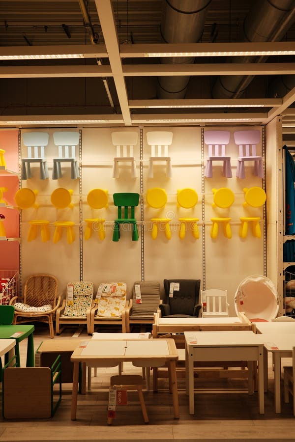 Bright IKEA Display of Colorful Childrens Chairs and Stools Arranged on ...
