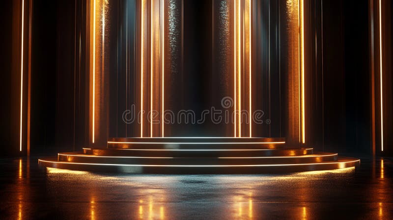 Bright Illuminated Stage with Glowing Pillars in a Dark Setting ...