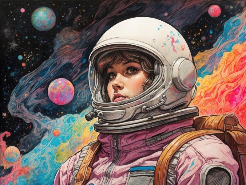 Bright Illustration in Comic Style: a Girl Astronaut Exploring Outer ...