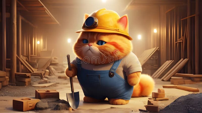 Cute Cartoon Cat Builder on a Bright Construction Site Stock ...