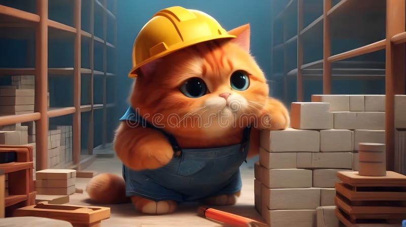 Cheerful Builder Cat in a Vibrant Construction Scene Stock Illustration ...
