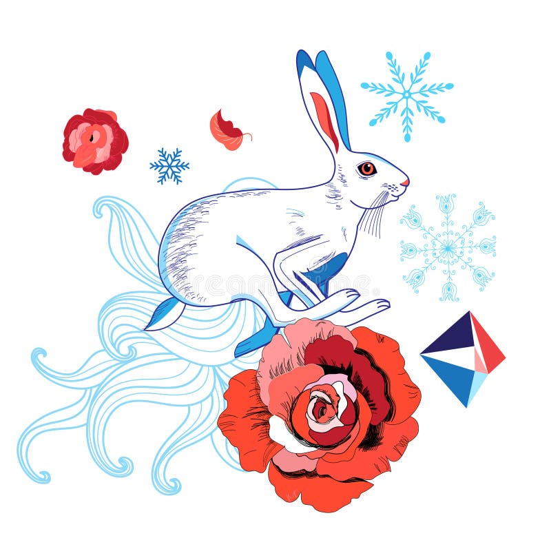 Bright Illustration of a White Hare Stock Vector - Illustration of rose ...