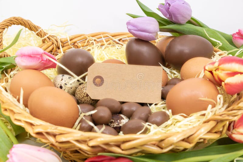 Basket To Celebrate Easter with Eggs, a Text Box and Tulips Stock Photo ...