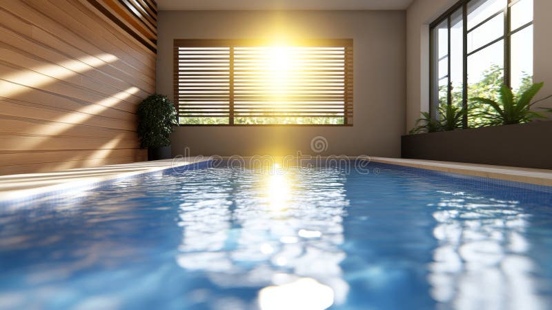 A Bright Indoor Pool with Wooden Elements and Big Windows Letting in ...