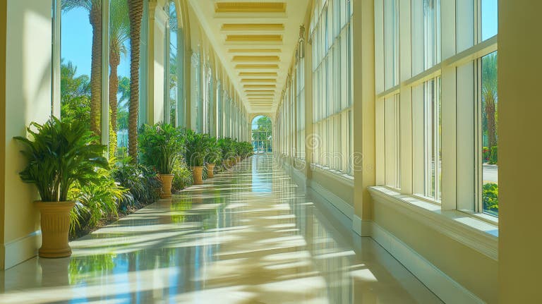 Bright Indoor Walkway Elegant Architecture Lush Greenery Under a ...