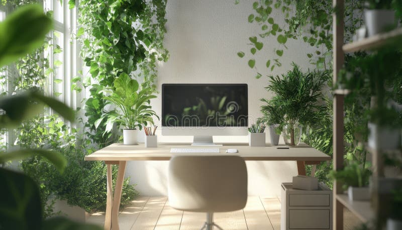 Bright Indoor Workspace Surrounded by Lush Greenery in a Modern Home ...