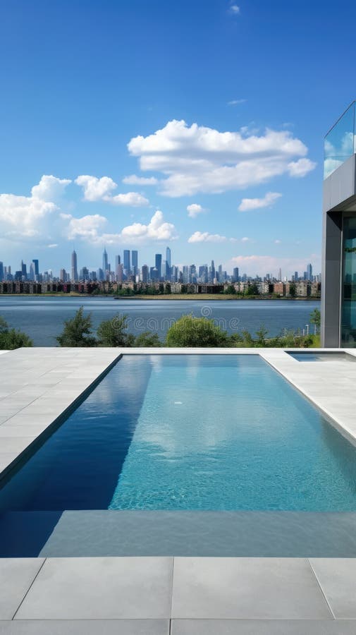 Bright Infinity Pool with Modern House Landscape Stock Image - Image of ...