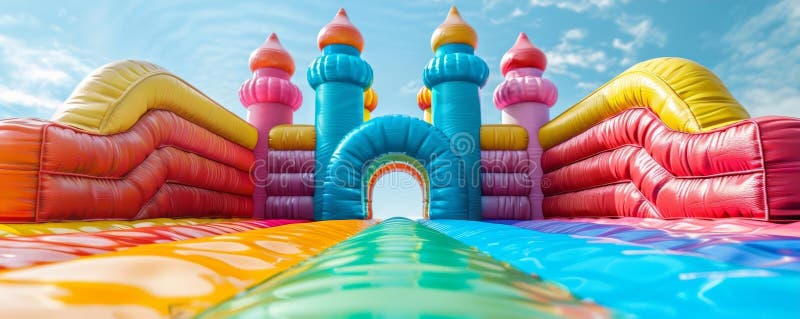 Bright Inflatable Castle with Rainbow Path Under Blue Sky Stock ...
