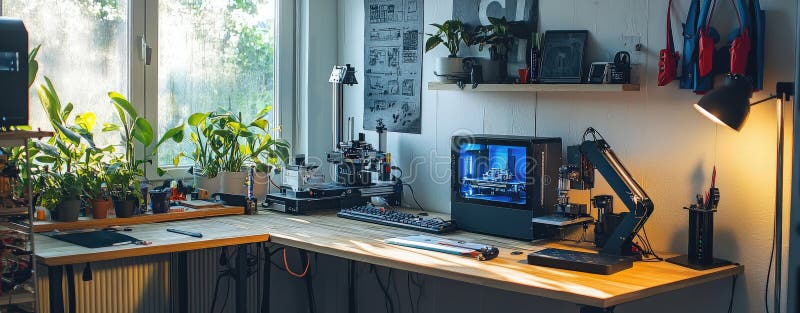Modern Home 3D Printing Workspace with Plants Stock Illustration ...