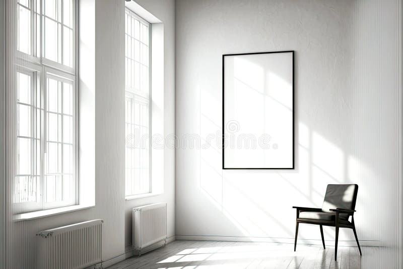 Bright Interior in Empty Room with Large Window and White Frame on Wall ...