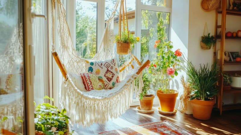 Cottagecore Handmade Macrame Swing in Cozy Boho Interior with Plants ...