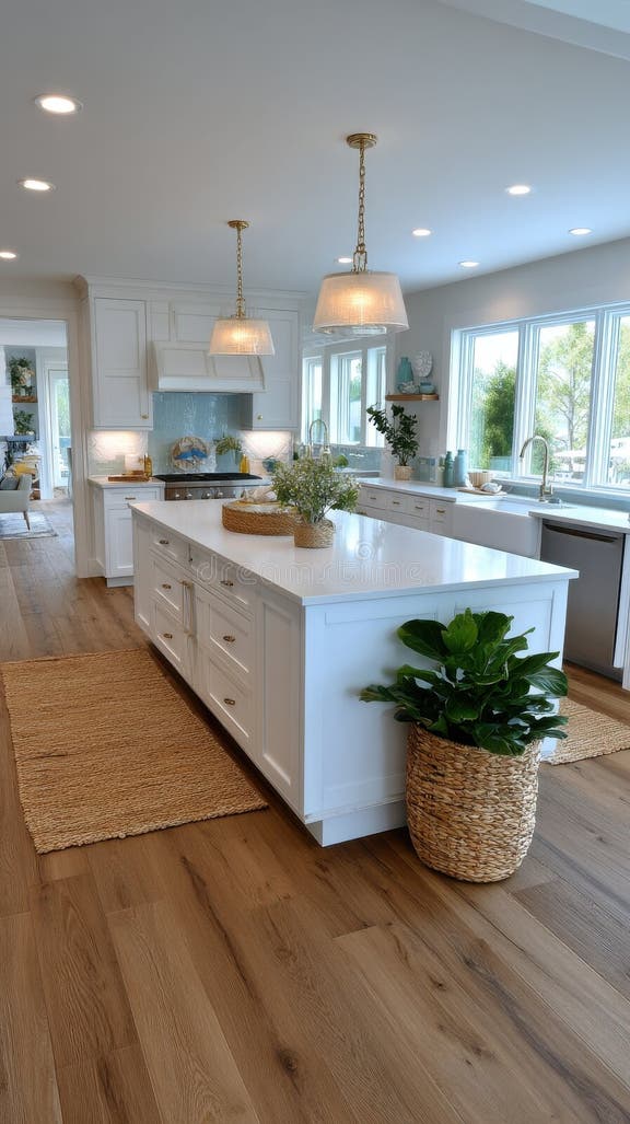 Bright Interior Featuring a Modern White Kitchen with a Large Island ...