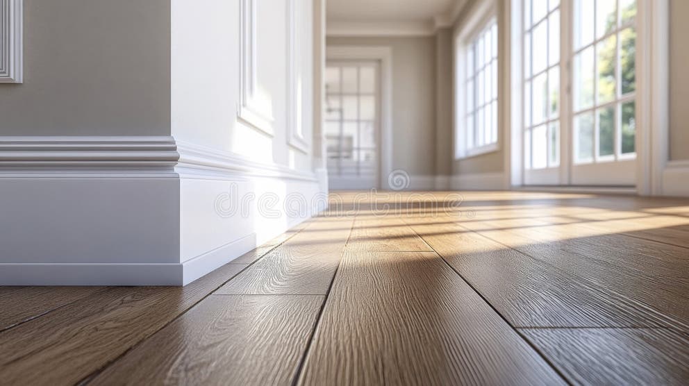 Bright Interior with Hardwood Floor and White Baseboards Stock ...