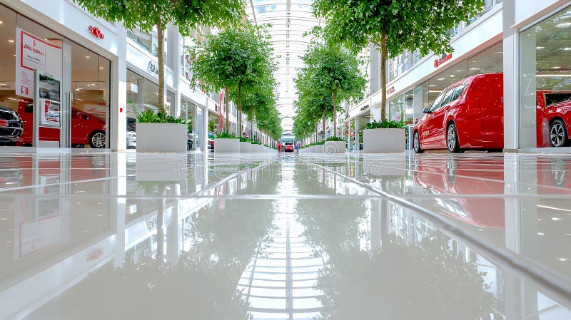 Bright Interior Mall Scene with Lush Trees and Shiny Floor Reflection ...