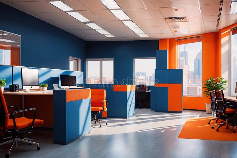 Bright Interior Modern Corporate Office Space, Blue and Orange Stock ...