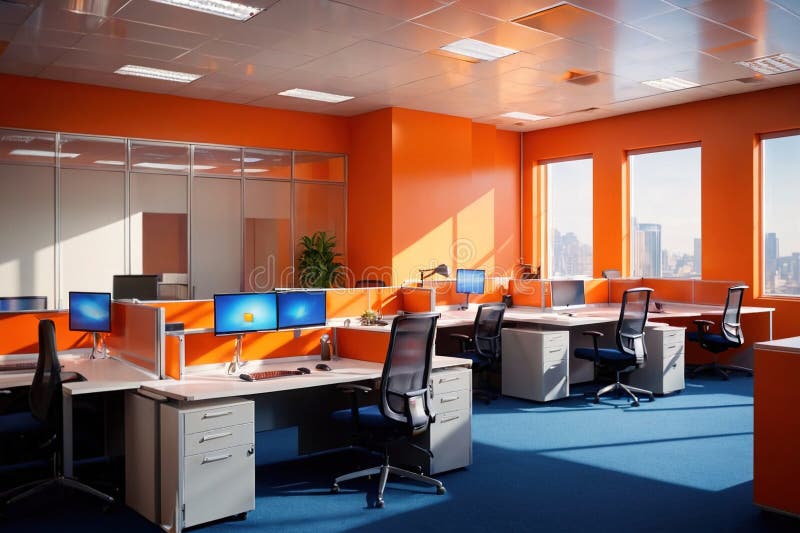 Bright Interior Modern Corporate Office Space, Blue and Orange Stock ...
