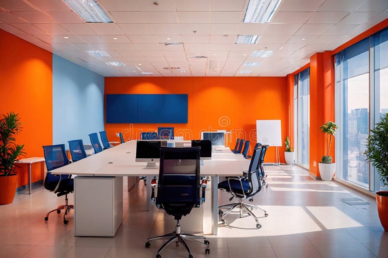 Bright Interior Modern Corporate Office Space, Blue and Orange Stock ...