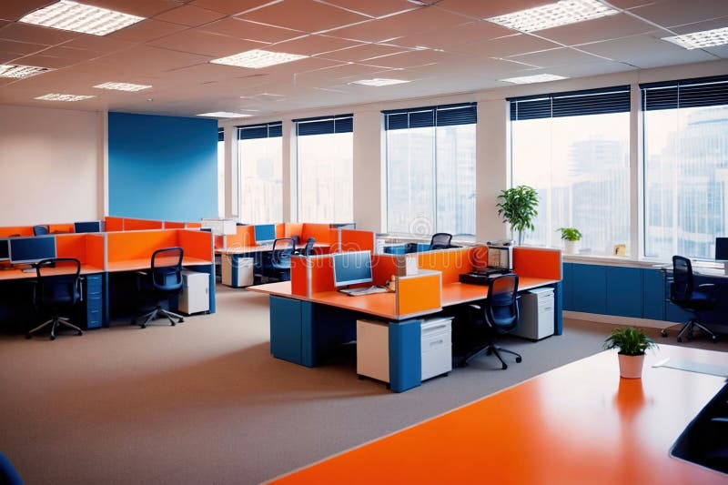 Bright Interior Modern Corporate Office Space, Blue and Orange Stock ...