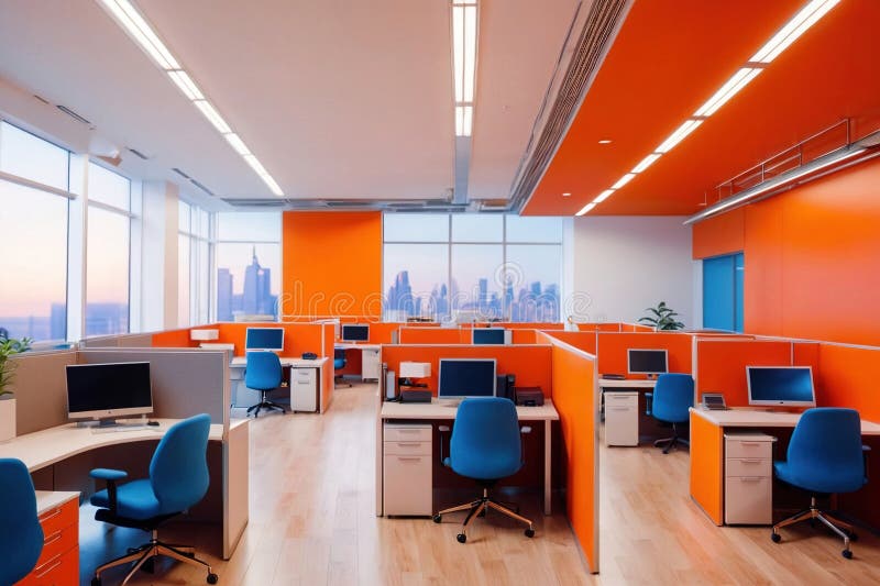 Bright Interior Modern Corporate Office Space, Blue and Orange Stock ...