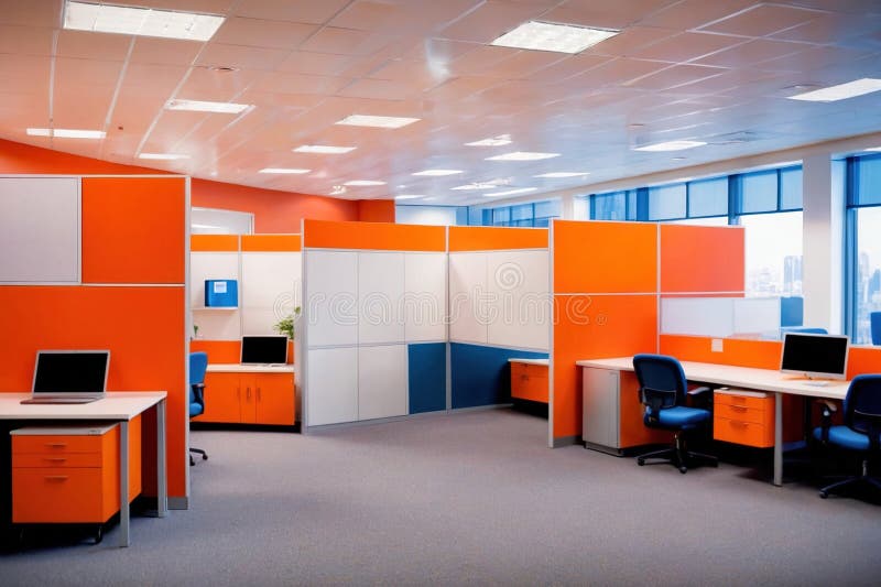 Bright Interior Modern Corporate Office Space, Blue and Orange Stock ...