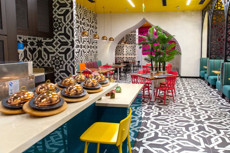 Bright Interior of the Restaurant with an Original Design in Arabic ...