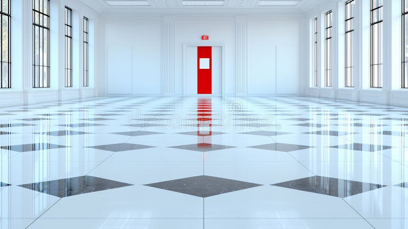 Bright Interior Space with Diamond Pattern Floor and Red Door Stock ...