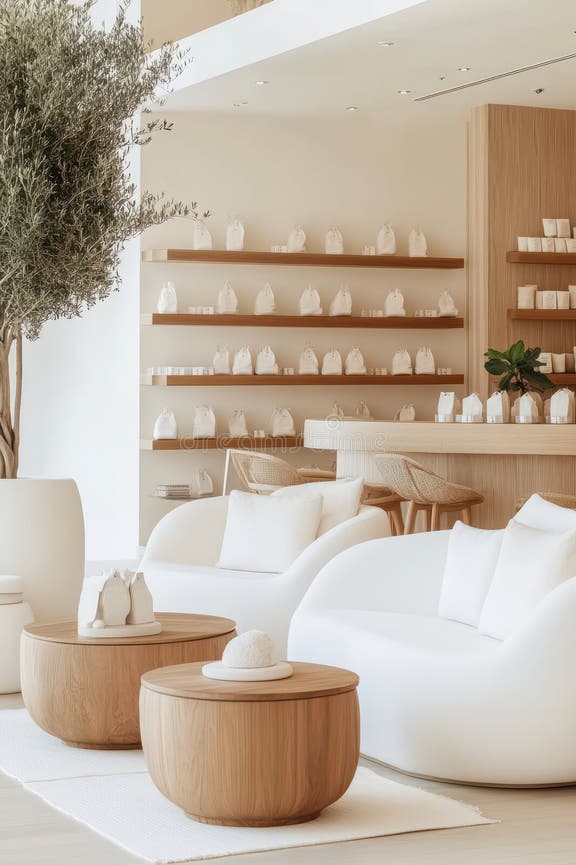 Bright Interior Space with Olive Tree, Smooth White Sofas, Round Wood ...