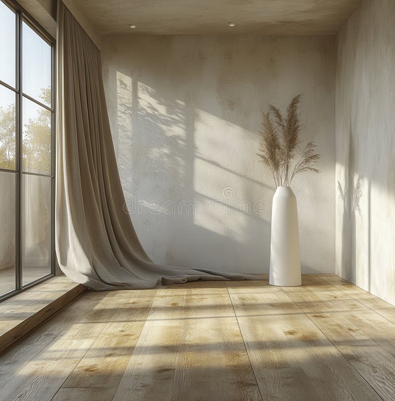 Bright Interior with Wooden Floor and Plaster Wall Featuring a Window ...