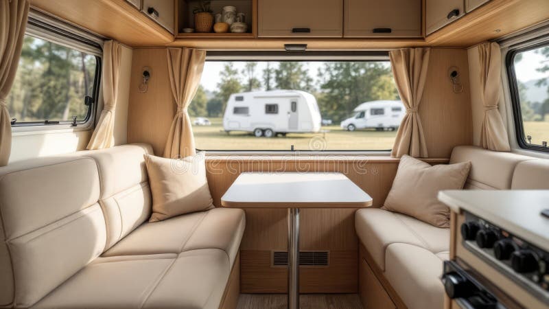 Cozy Caravan Interior with Seating Area and Scenic View. Generative AI ...