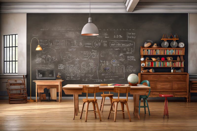 Cozy Classroom Setup with Wooden Furniture and a Chalkboard in a Sunny ...