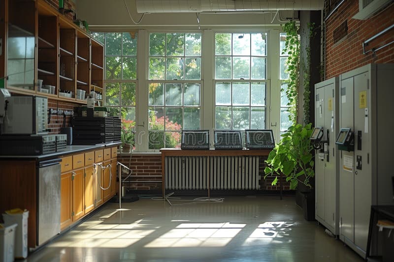 Bright and Inviting Classroom with Large Windows and Lush Greenery in a ...