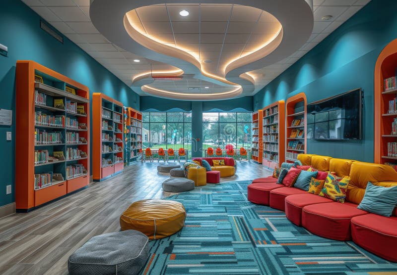 Bright and Inviting Elementary School Library with Colorful Furnishings ...
