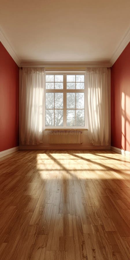 Bright and Inviting Empty Room with Warm Red Walls and Natural Light in ...