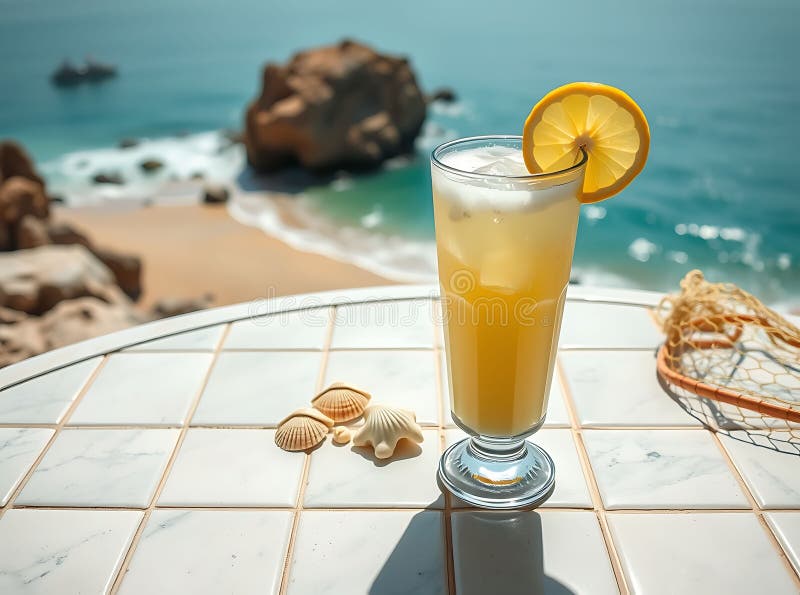 Refreshing Lemonade on Tiled Table, Sunny Beach Ai Generated Stock ...