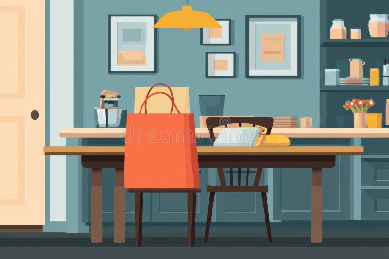 Flat Design Kitchen Table with an Opened Delivery Bag and Clean Upper ...