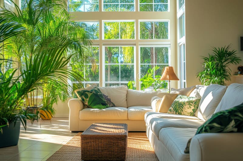 Bright and Inviting Living Room with Large Windows and Tropical Plants ...