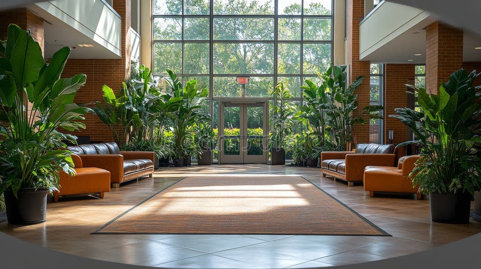 Bright and Inviting Lobby with Comfortable Seating Surrounded by Lush ...