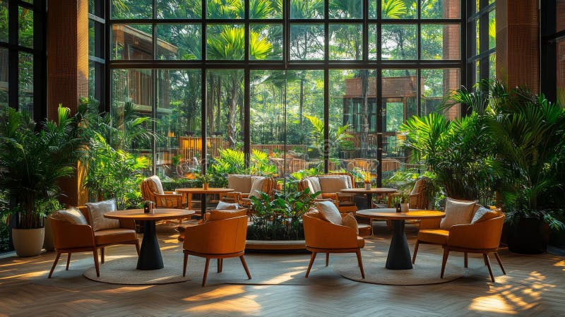 Elegant Indoor Lounge with Modern Furniture and Greenery in a Spacious ...