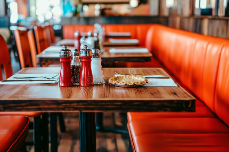 Cozy Restaurant Interior with Red Furniture and Condiments on the Table ...