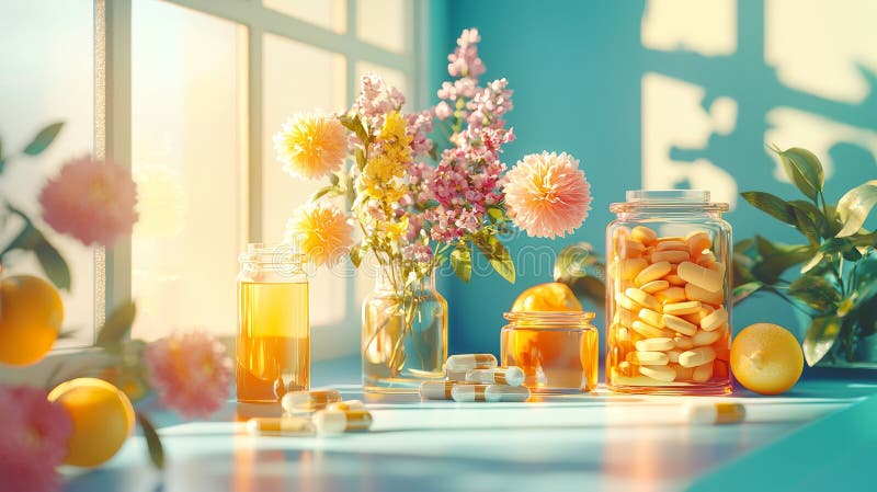 Bright and Inviting Scene with Flowers, Vitamins, and Fruits Stock ...