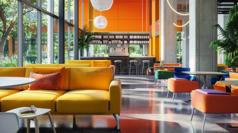 A Bright and Inviting Student Lounge with Colorful Seating, Large ...