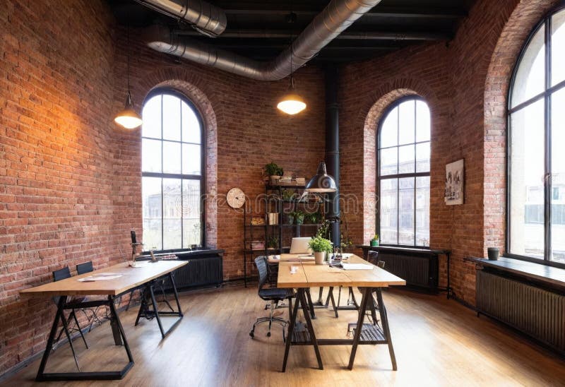Bright, Inviting Workspace with Exposed Brick Stock Photo - Image of ...
