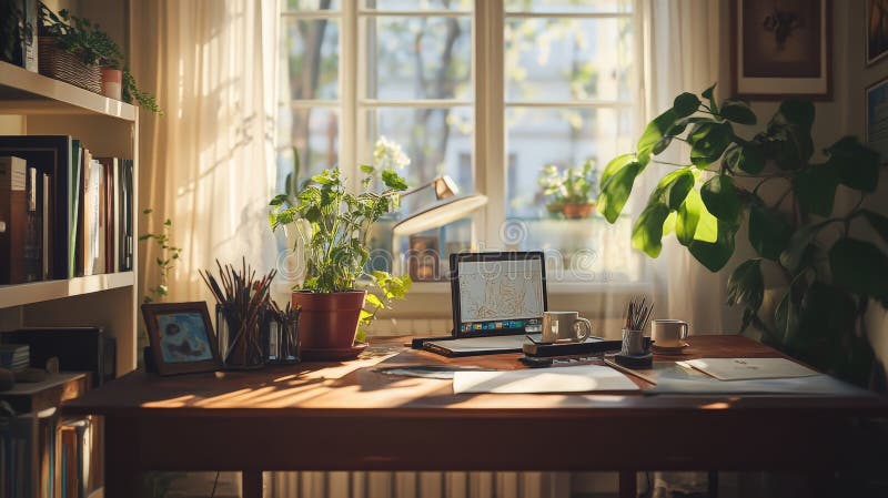 A Bright and Inviting Workspace with Plants, Books, and a Laptop by the ...