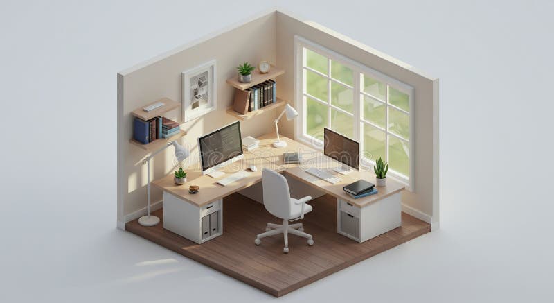 Bright Isometric Home Office with Corner Desk Setup and Natural Light ...