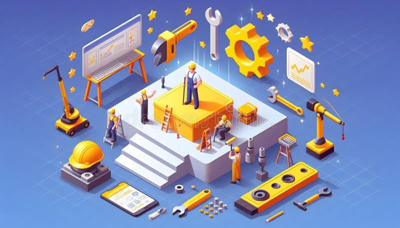 Bright Isometric Labour Day Icon with Podium and Construction Tools ...